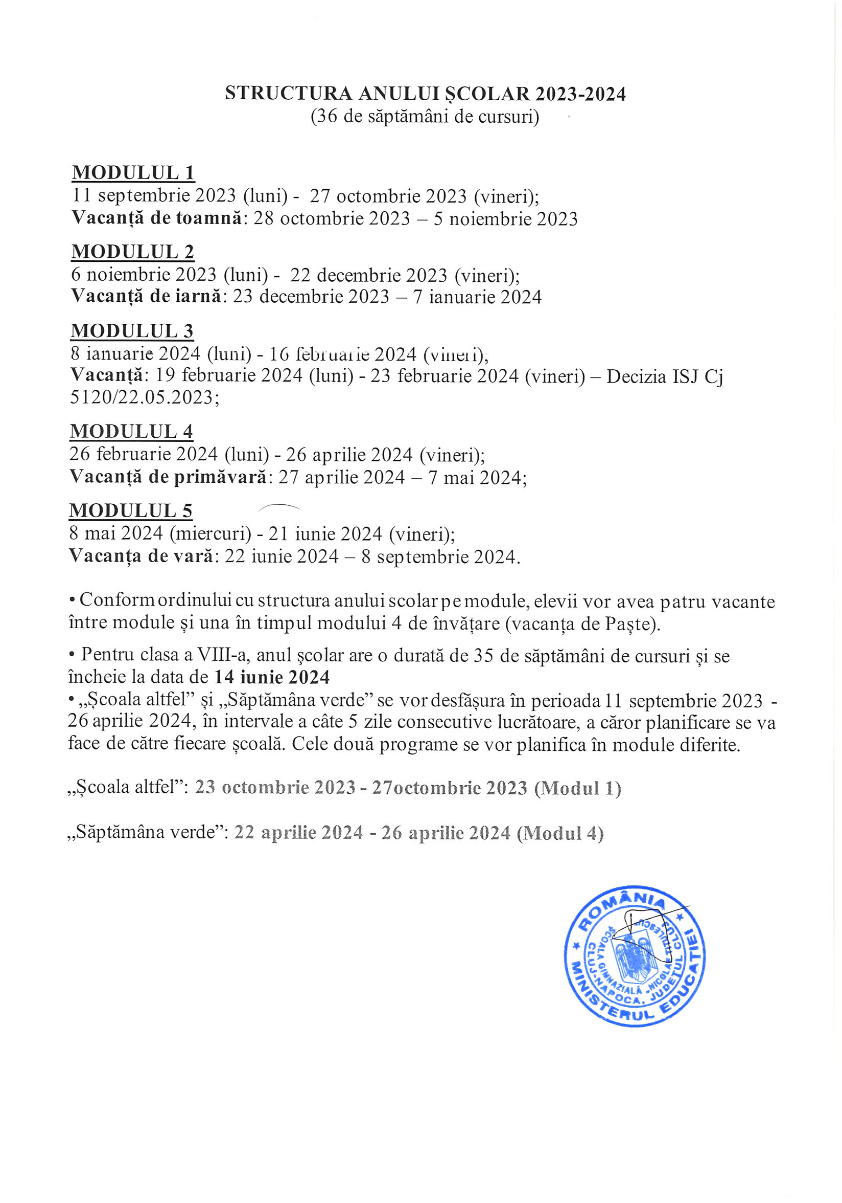 Structura an scolar 2023-2024 – Scoala Gimnaziala "Nicolae Titulescu"